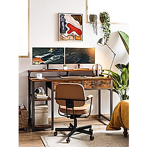 ODK Computer Desk with Drawers, 48 Inch Office Desk with Storage Bag & Shelves, Work Writing Desk with Monitor Stand Shelf, Rustic Brown Home Office Desks for Small Spaces