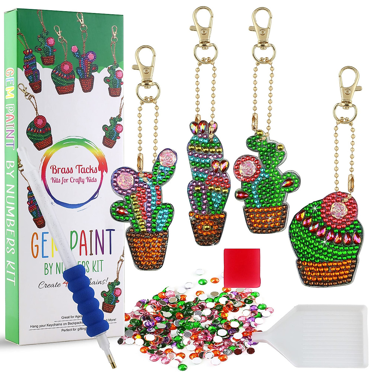 BRASS TACKS KITS FOR CRAFTY KIDS Gem Painting Kit- Make Your Own Keychains- Diamond Art Painting by Numbers (Cactus)
