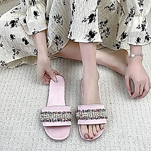 Fashion Women Beach Slip On Pearl Casual Open Toe Non Slip Flat Breathable Slippers Shoes Bedroom Boot Slippers Women (Red, 7)
