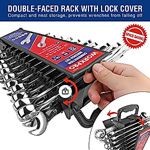 WORKPRO Mechanics Wrench Set Metric and Standard, 22PCS Complete Combination Wrenches Set. SAE 1/4" to 3/4", Metric 9mm to 19mm, Automotive Wrench Set with Rack Organizer