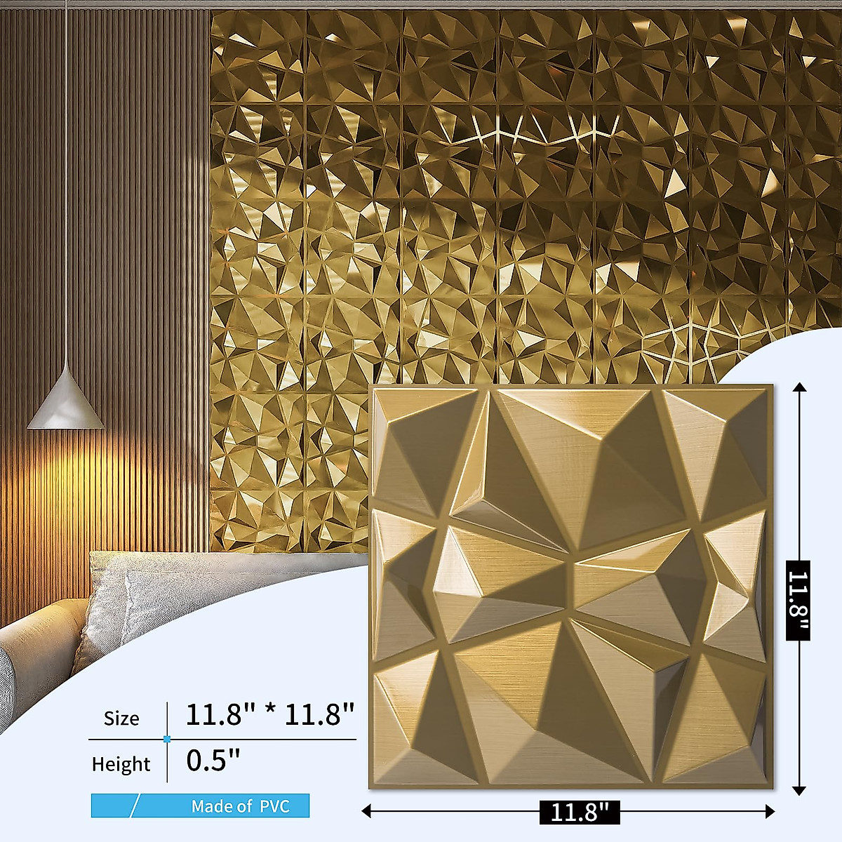 Art3d 3D Diamond Design Paneling for Interior Decor, Living Room, TV Wall Background, Bedroom, Gaming Setup, 11.8" x 11.8", Gold, 33 Pack