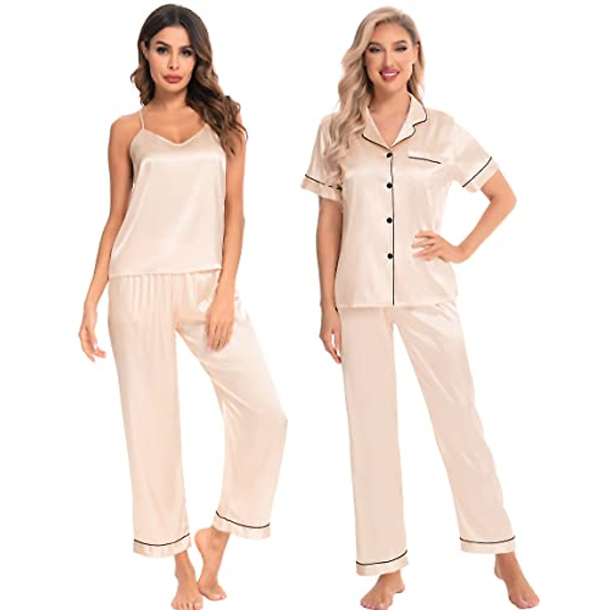 SWOMOG Womens Pajamas Satin 4 Piece Sleepwear Cami Tops And Ruffle Shorts Silk Long Pajama Pants Soft Summer Loungewear Pjs Champagne