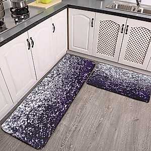 YouTary Purple Black Silver Glitter Pattern Kitchen Rug Set 2 PCS Floor Mats Washable Non-Slip Soft Flannel Runner Rug Doormat Carpet for Floor Home Bathroom, 17" x 47"+17" x 24"-M