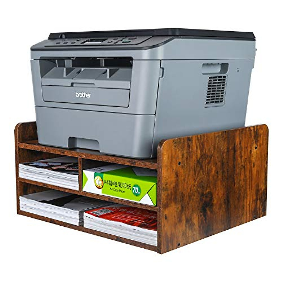 PAG 3 Tier Desktop Printer Stand with Storage, Paper Storage Holder Rack for Desk, Wooden Printer Organization for Home/Office, Antique Brown