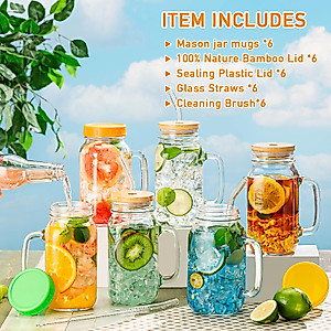 wookgreat Mason Jars with Handle, 6 Pack 24oz Mason Jar Drinking glasses with lid and straw, Mason Jar Cups, Regular Mouth Mason Jar mugs for Iced Coffee, Smoothie, Airtight Lids for Food Storage