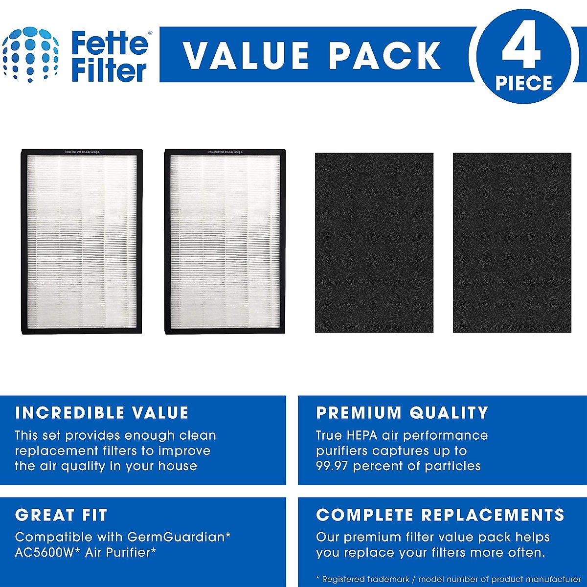 Fette Filter - True HEPA Air Purifier Filter Compatible with Germ Guardian FLT5600 Filter N for Model AC5600W. Compare to Part # FLT5600. (Pack of 2)