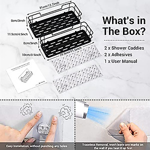 2 Packs Adhesive Shower Caddy with Hooks - No Drilling Rustproof Traceless Stainless Steel Wall Mounted Shower Storage Organizer Shelf Rack Holder for Bathroom Toilet Restroom Kitchen - Matte Black