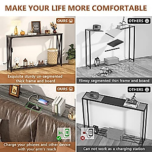 Karcog Narrow Console Table with Recessed Power Strip, 47 Inch Sofa Entry Table with 2 AC Outlets & 2 USB Ports, Industrial Farmhouse Style Accent Hallway Table for Living Room, Grey Oak