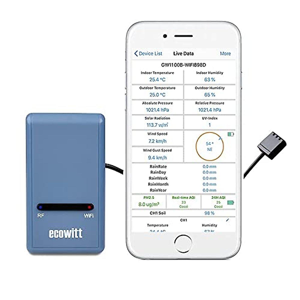 Ecowitt GW1100 Wi-Fi Weather Station Sensor Gateway with Temperature, Humidity and Atmospheric Pressure 3-in-1 Probe Sensor(1X GW1100 WiFi Gateway)