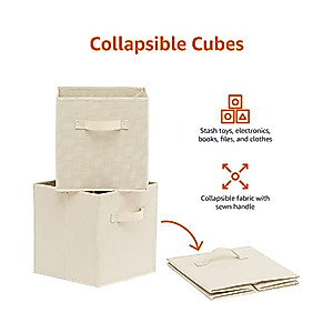Amazon Basics Collapsible Fabric Storage Cubes Organizer with Handles, Beige - Pack of 6 & Amazon Basics 6-Cube Wire Grid Storage Shelves, 14" x 14" Stackable Cubes, White