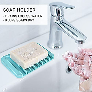 UHMER Silicone Sink Tray & Self Draining Soap Dish 4-Pack, Multipurpose Silicone Sponge Holder & Kitchen Sink Tray Set for Soap Bottles, BPA-Free Flexible Silicone Trays (Turquoise)
