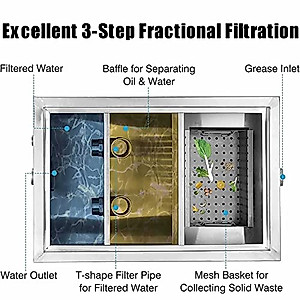 Commercial Grease Trap, Stainless Steel Grease Trap Interceptor, with Removable Baffles Waste Oil-Water Separator Under Sink Grease Trap, for Kitchen, Restaurants, Coffee Shops