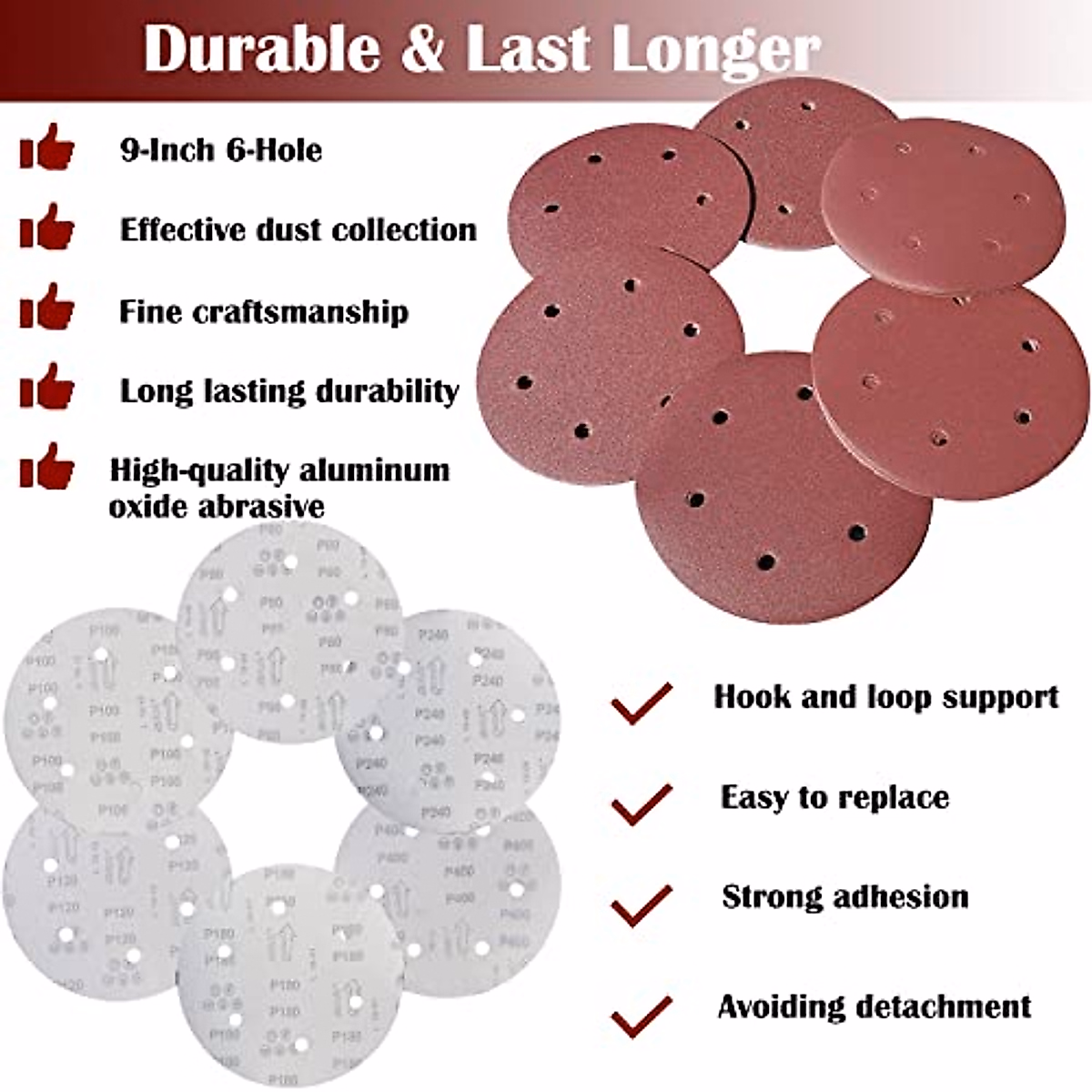 35 PCS 9 Inch 6 Hole Drywall Sanding Discs Set- 40 60 80 120 150 180 240 Grits -9" Hook-and-Loop Aluminum Oxide Abrasive Sander Paper for Drywall Sander