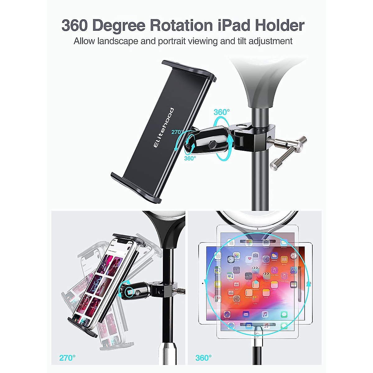 Elitehood iPad Stand with Ring Light for Online Video Conference, 3 Colors & 10 Brightness Computer Ring Light, Adjustable Desktop iPad Holder Stand for iPad Pro 12.9 11 Air Mini and 4-13’’ Tablet