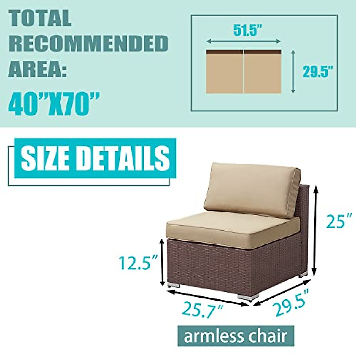 PHIKOOVA Wicker Outdoor Sectional Sofa Set Patio Garden Armless Sofa Chair with Washable Zippered Cushions for Porch Poolside Balcony(Beige)