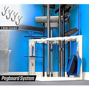 PeerBasics Corner Storage Rack, Home Tool Storage Organization, Up to 35 Tools like Mops Brooms Towels Dust Pan Squeegee, House Closet Garage Garden Yard Plus Pegboard