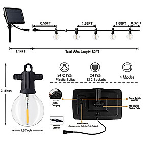 ZOTOYI Solar Outdoor String Lights 50FT Globe String Lights Patio Lights with 24+2 LED Filament Plastic Bulbs, Commercial Waterproof Shatterproof for Backyard Tents Garden Porch Cafe Party