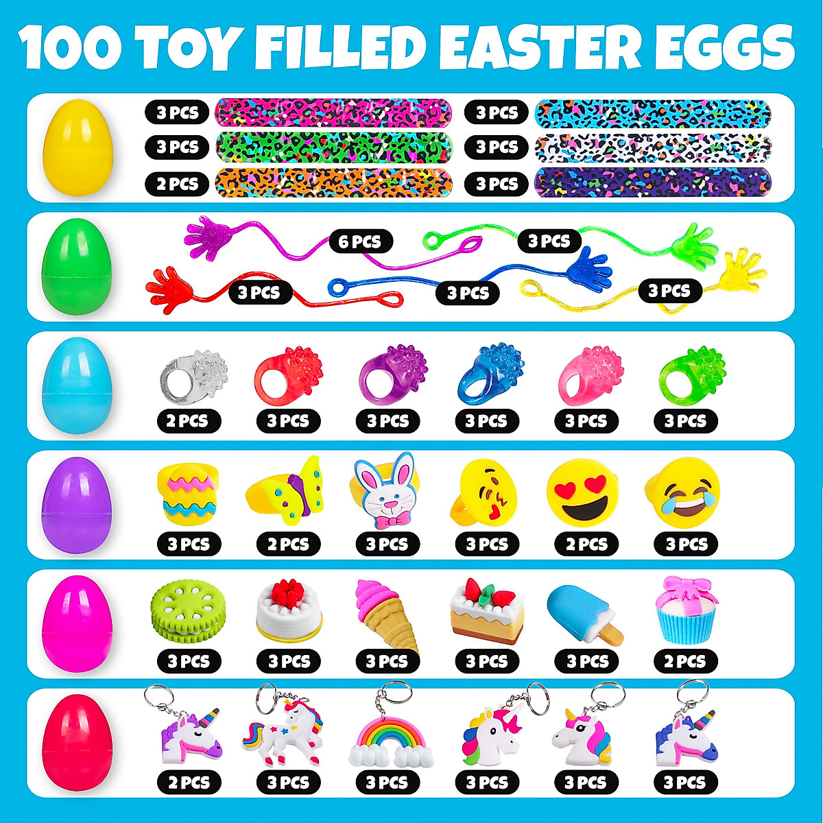100-Pcs Easter Eggs with Toys Inside I Prefilled Easter Eggs Includes Slap Bracelets, Sticky Hands, Light Up Rings & More I Plastic Easter Egg Fillers for Your Easter Egg Hunt Bulk Easter Party Favors