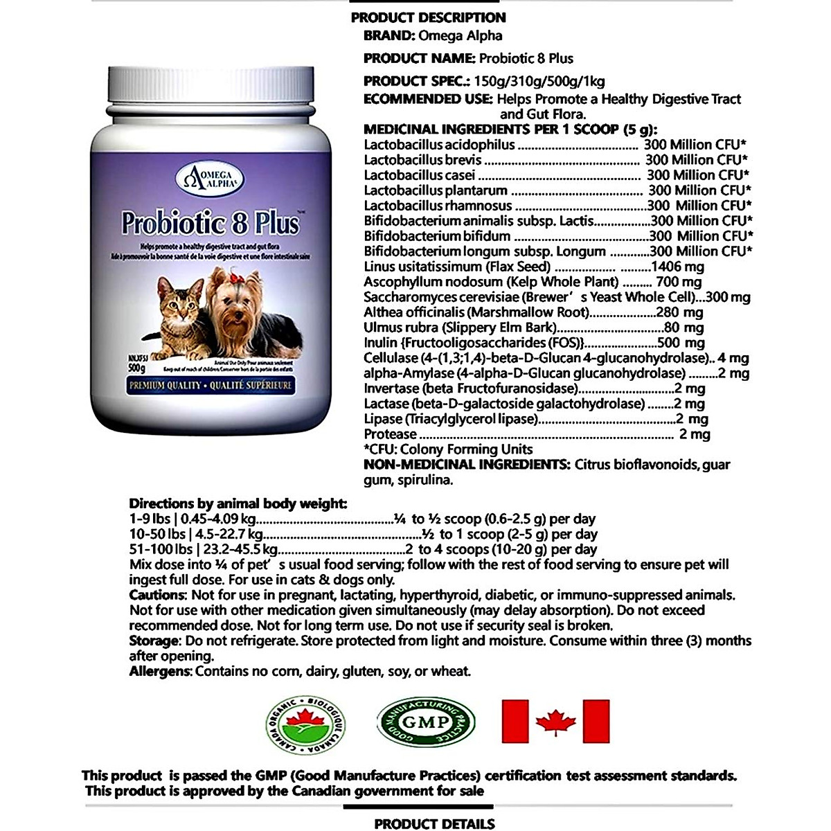 Omega Alpha Pet Probiotic 8 Plus - Probiotics, Enzymes, and Fibre for Better Pet Digestion.-500g