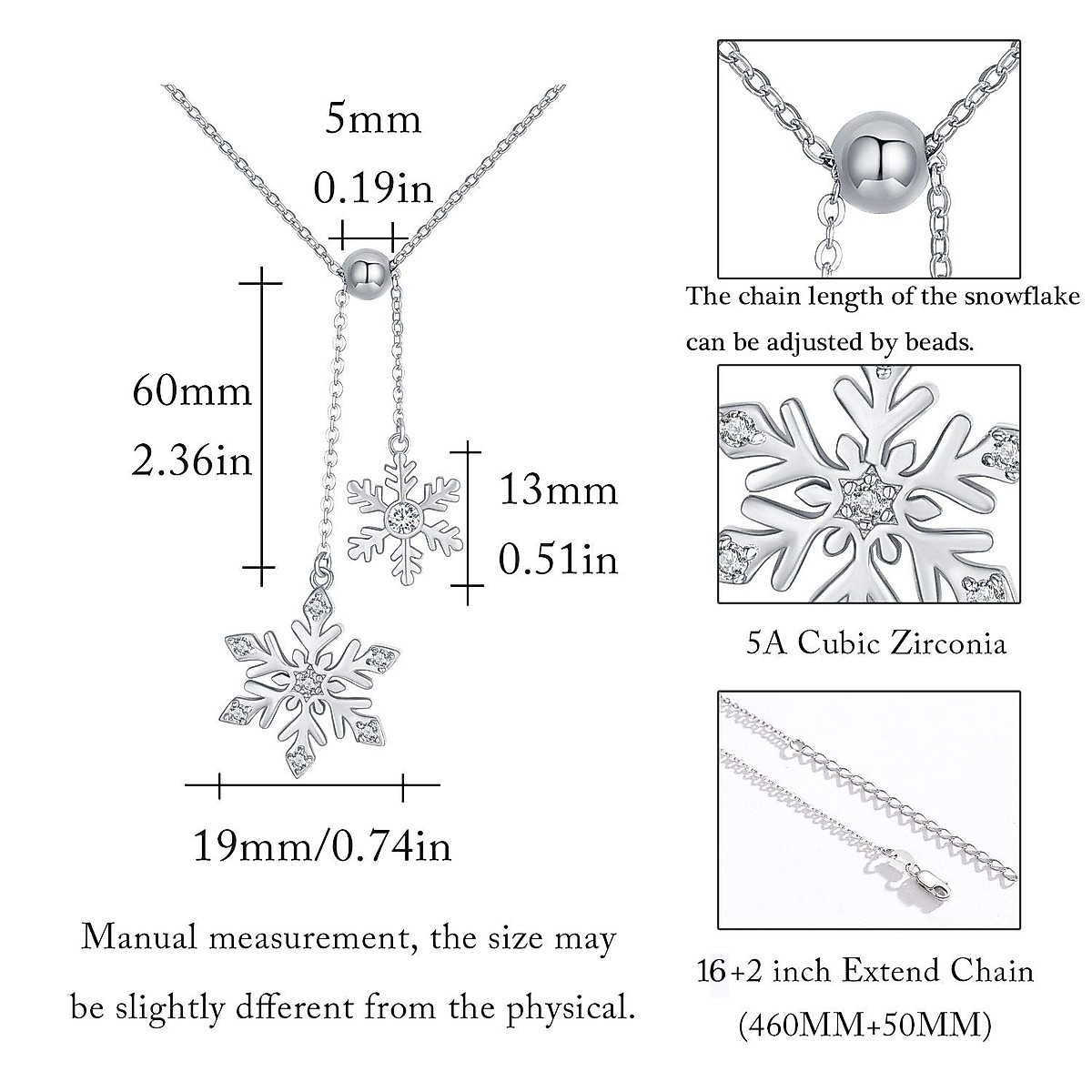 Snowflake Necklace Sterling Silver Frozen Double Snowflake with Shiny Cubic Zirconia Pendant Winter Jewerly Elegant Snow Gift for Women Girlfriend Sweater Christmas Thanksgiving Daily (18)
