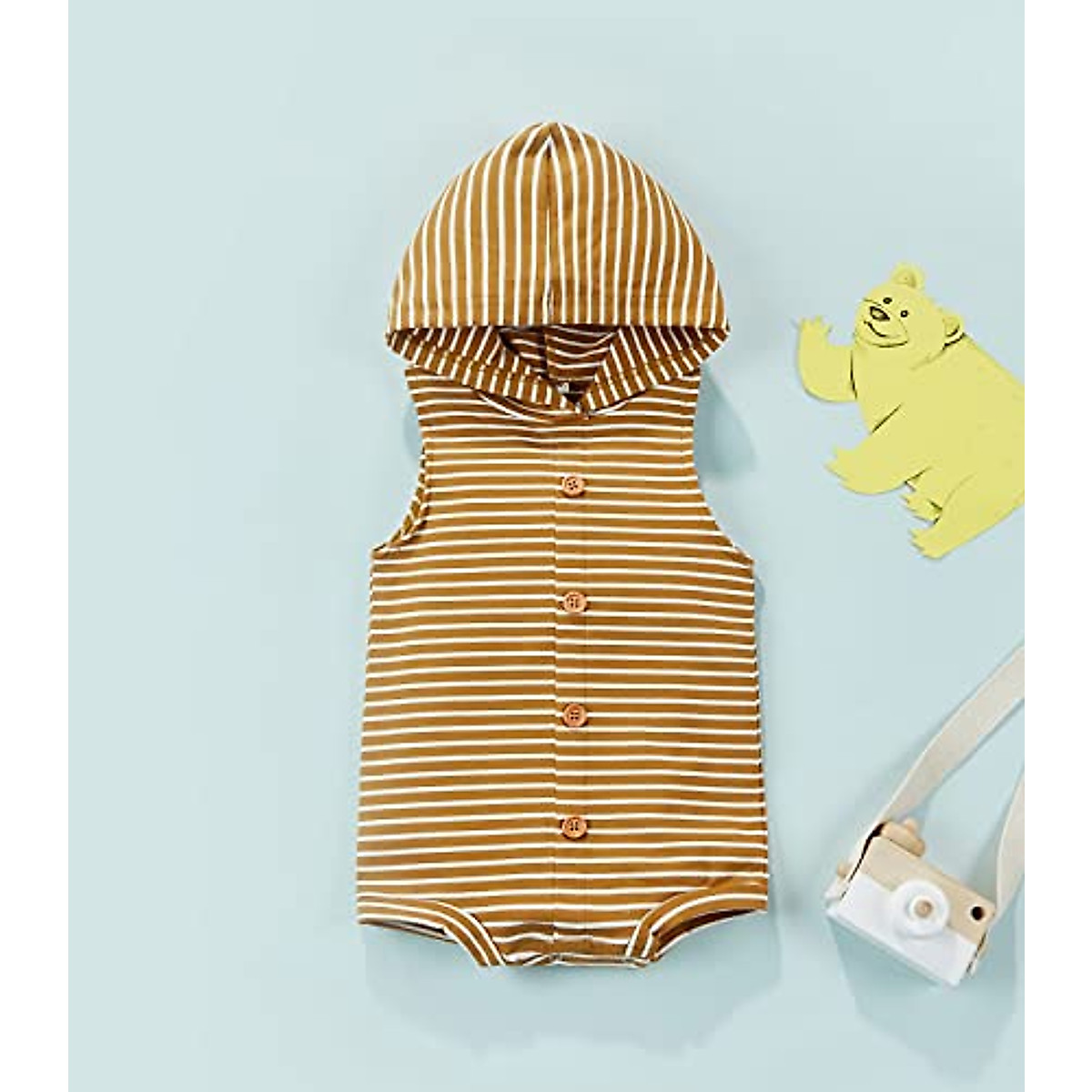 Newborn Baby Boy Girl Unisex Romper Infant Toddler One Piece Hooded Striped Bodysuits Sleeveless Buttons Clothes (A~Brown , 3-6 Months )