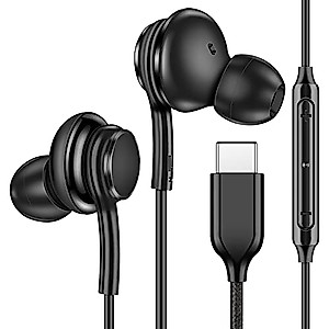 HoneyAKE USB Type C Headphones for Galaxy S21 S20 FE S22 Ultra Wired Earphones Earbuds Stereo in-Ear Noise Canceling Headset Earphone with Microphone for iPad Samsung Note 20 OnePlus 9 Pixel 6, Black