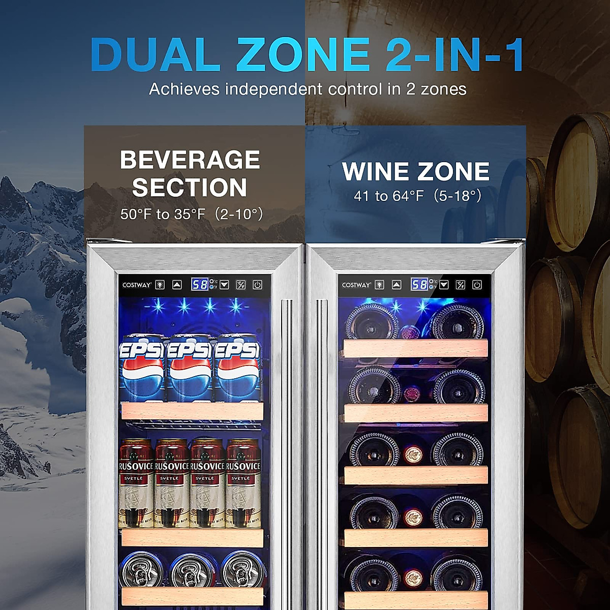 CHEFJOY Beverage and Wine Cooler Refrigerator, Dual Zone 2-in-1 Wine Fridge Cellar w/Independent Temperature Control, LED Lights, 18 Bottles & 57 Cans, Quiet Operation, Freestanding or Built-in