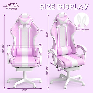 Ferghana Kawaii Light Purple Gaming Chair with Bunny Ears, Ergonomic Cute Gamer Chair with Footrest and Massage, Racing Reclining Leather Computer Game Chair 250lbs for Girls Adults Teens Kids