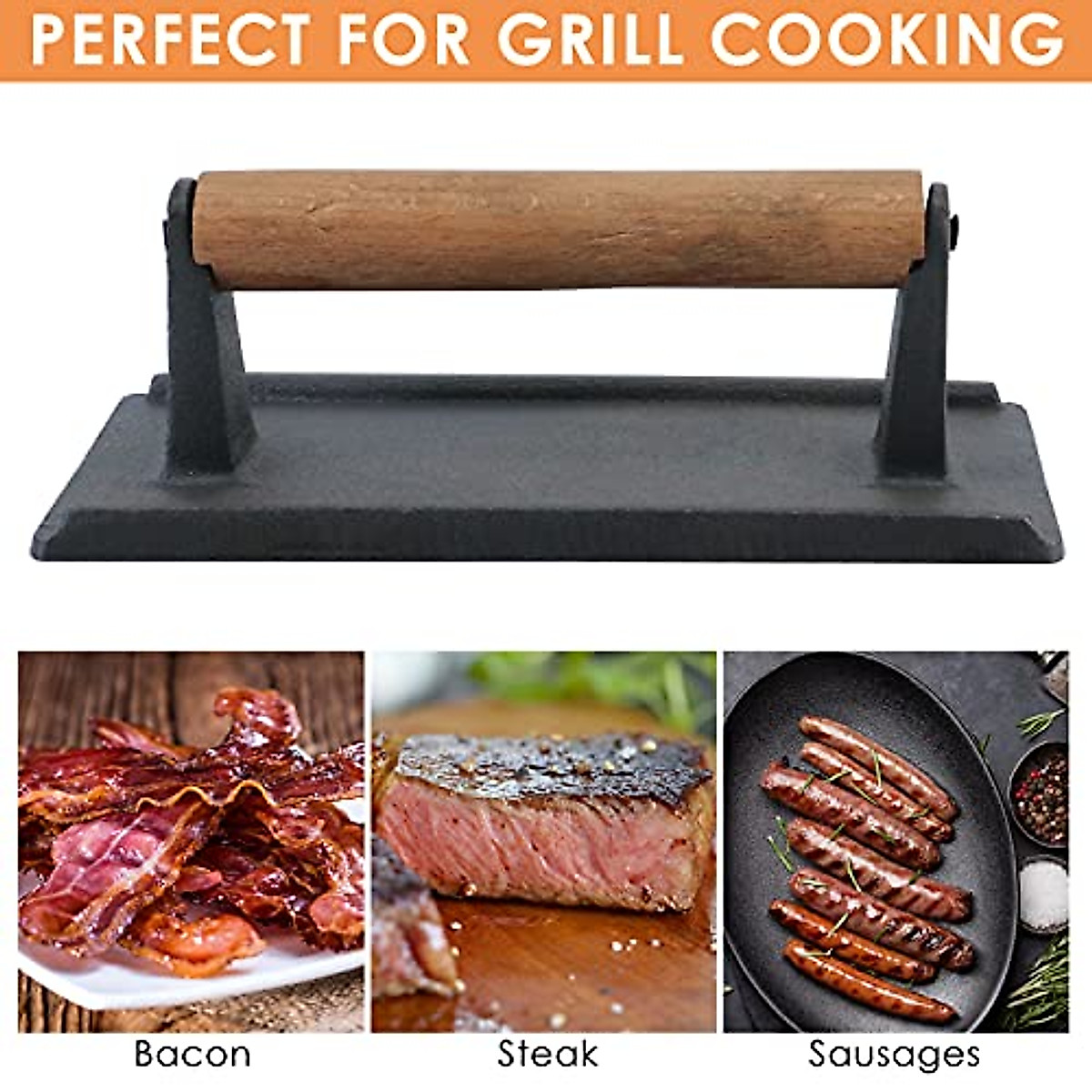 Finderomend Cast Iron Grill Bacon Press,Pre-Seasoned Coating Heavy Duty Steak and Burger Press with Wooden Handle,Steak Press for Griddles,Grills Bacon, Paninis (Dark Black)