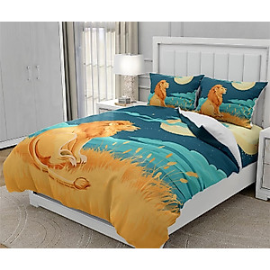 Moinlizy 3D Lonly Lion and Moon Printed Duvet Cover Set Bedding Sets Twin Size with 1 Piece Duvet Cover 2 Pieces Pillow Cases Ultra Durable Microfiber No Comforter