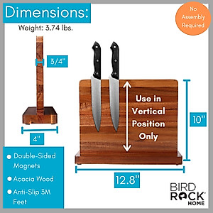 BIRDROCK HOME Wooden Magnetic Knife Block | Acacia Wood Knife Storage | Double-Sided Strong Magnetic Knife Holder | Knife Organizer for Kitchen & Space-Saving Design | No Knives Included | 12.8"Lx10"H