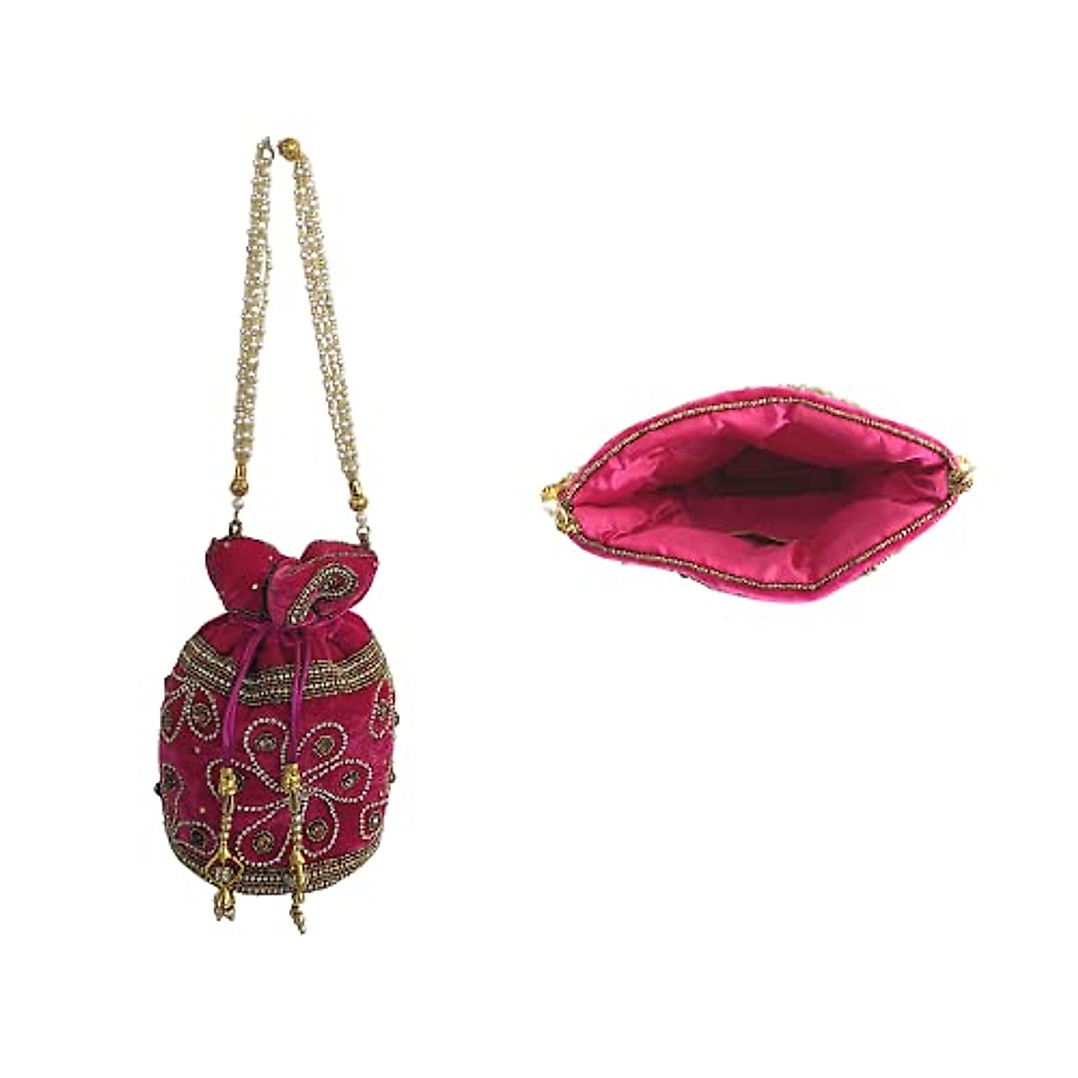 CRAFT BAZAAR Indian Potli Bag, Standing Drawstring Purse, Mini Bucket Bag, Evening Bag with Wristlet and Tassels (Pink)