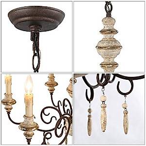 LNC Farmhouse Chandelier for Dining Room, 6-Light French Country Lighting , Handmade Wood Chandelier with Drop Pendants, Distressed White, 30.7”Dia
