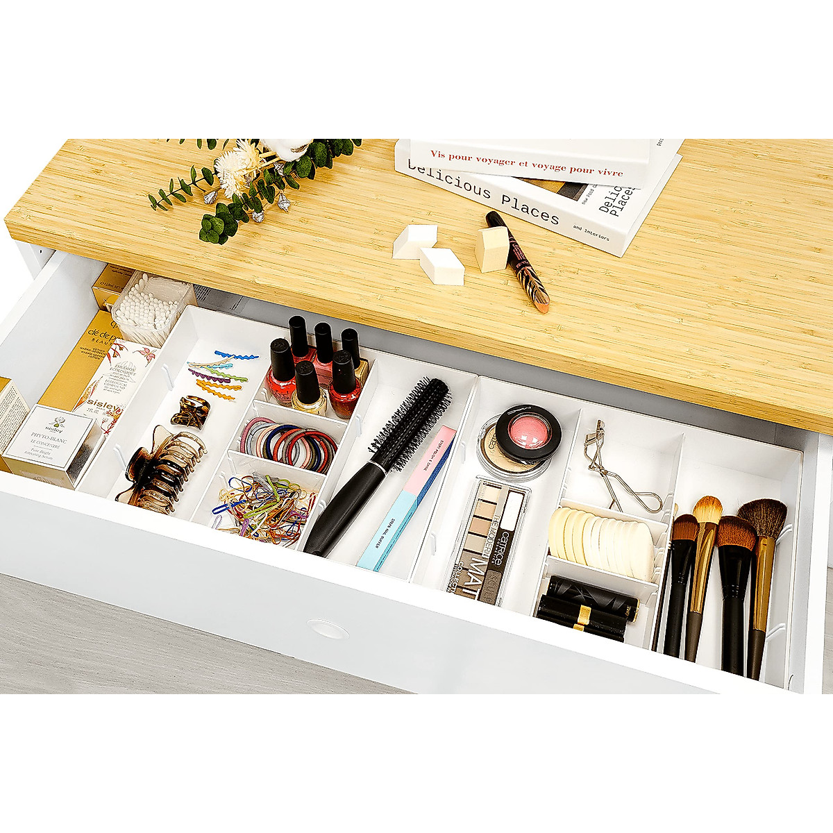 CAXXA 3 Slot Drawer Organizer with Two Adjustable Dividers - Drawer Storage 5 Compartments Junk Drawer Organizer for Office Desk Supplies and Accessories, White