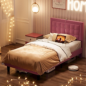 ANCTOR Twin Bed Frame with USB Ports, Velvet Upholstered Platform Bed with Height Adjustable Headboard, Heavy Duty Metal Support Legs, Stable, Durable, No Box Spring Needed, Noise-Free, Easy Assembly