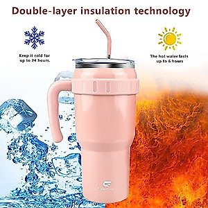 Camicour 40 Oz Tumbler With Handle Insulated Travel Mug With Straw，Reusable Stainless Steel Water Bottle Travel Mug Iced Coffee Cup，Keeps Drinks Cold Up To 34 Hours Or Hot For 12 Hours (Pink)