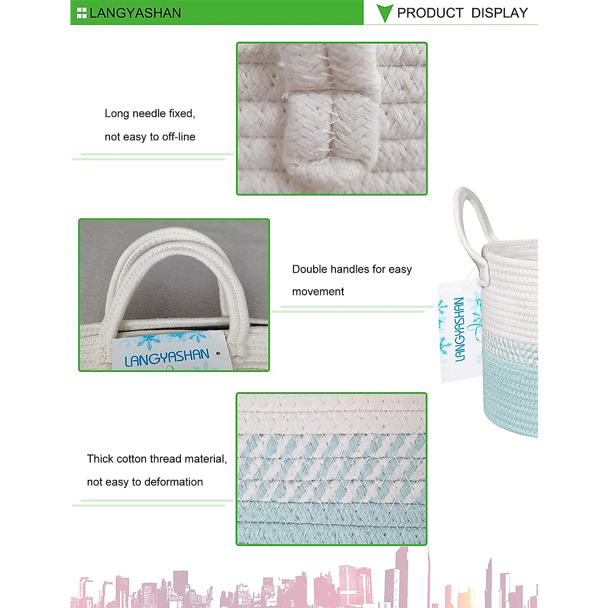 LANGYASHAN Rectangular Woven Rope Basket Decorative Blanket Basket for Living Room Storage or Nursery Laundry Hamper Basket with Handles Laundry Basket(Blue)