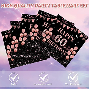 40 Pcs 60th Birthday Party Decorations 60th Birthday Decorations for Women- Black and Rose Gold Pink Happy 60 Birthday Table Toppers Party Supplies Plates and Napkins