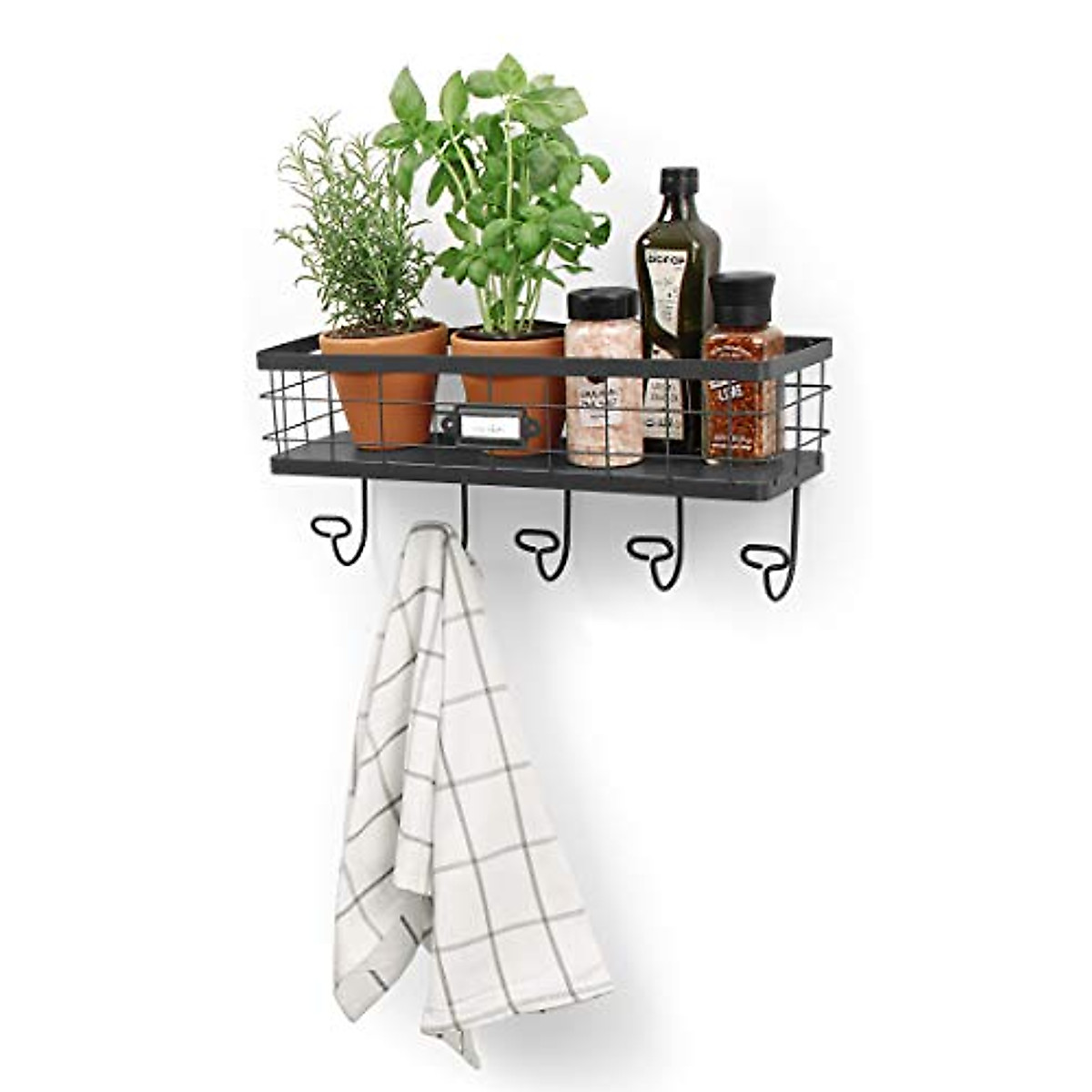 Spectrum Diversified Vintage Wall Mount Entryway or Office Basket Organizer & Hook Station, 5-Hook, Black