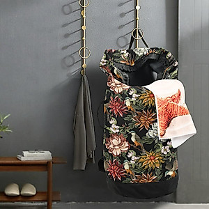 VIGTRO Vintage Spring Flower Bird Large Heavy Duty Laundry Backpack Hamper with Shoulder Strips and Drawstring, Retro Peony Floral Nylon Waterproof Laundry Bag Durable for Dorm Laundromat Travel