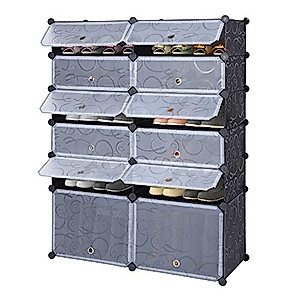 LIKOVSCI 24 Pairs Plastic DIY Shoe Rack, 12 Cubes Portable Shoe Shelves, Modular Shoe Storage Organizer Units, Space Saving Closet Cabinet with Doors for Bedroom Living Room Entryway Hallway