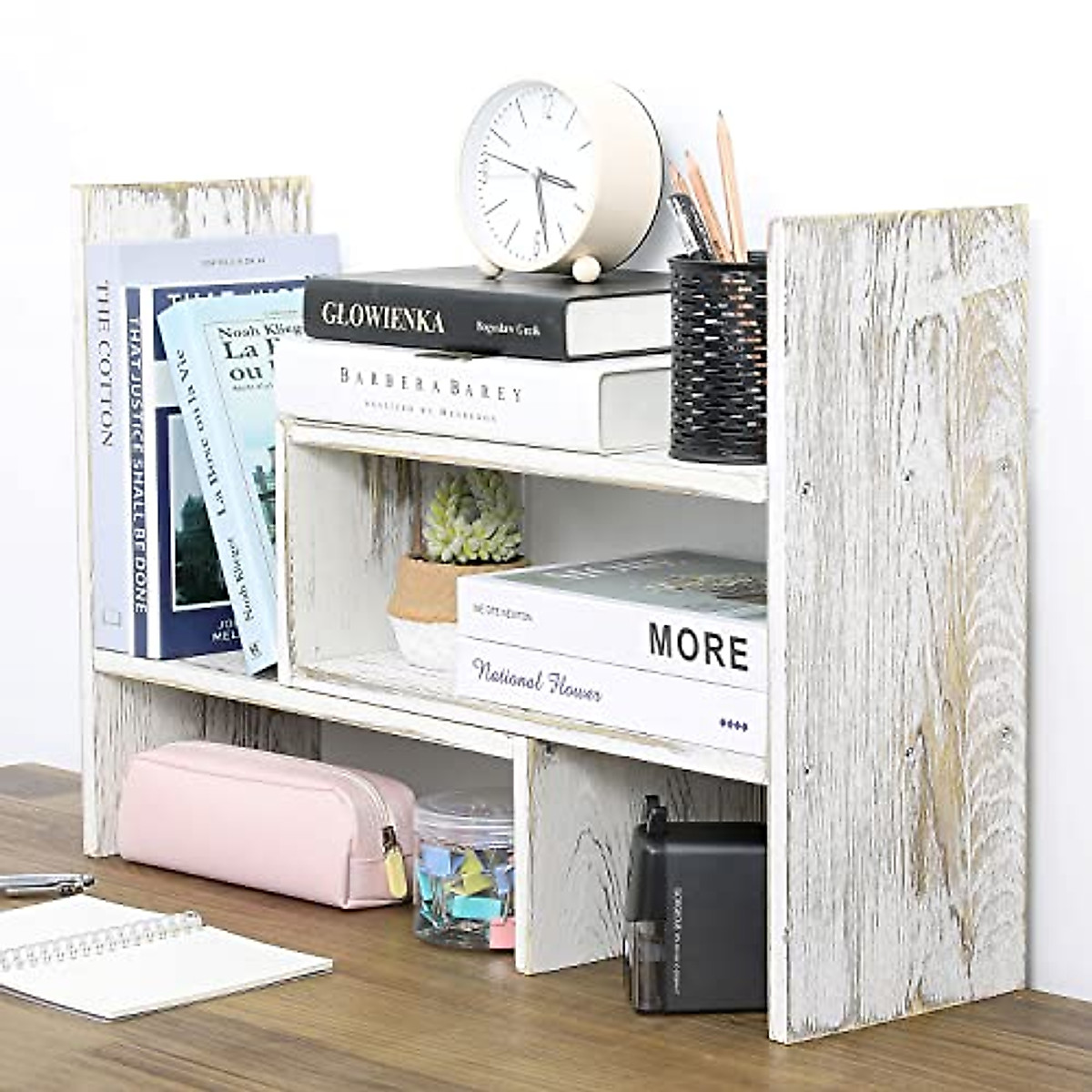 MyGift Adjustable Whitewashed Solid Wood Desktop Storage Organizer Display Shelf Book Rack, Office Desk Bookshelf