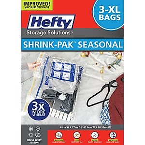 Hefty Shrink-Pak Vacuum Storage Bags – For Clothes, Pillows, Towels, Blankets & More – Space Saver Vacuum Suction Sealer Bags for Home or Travel – 3 XL Bags, 40 x 27 Inches