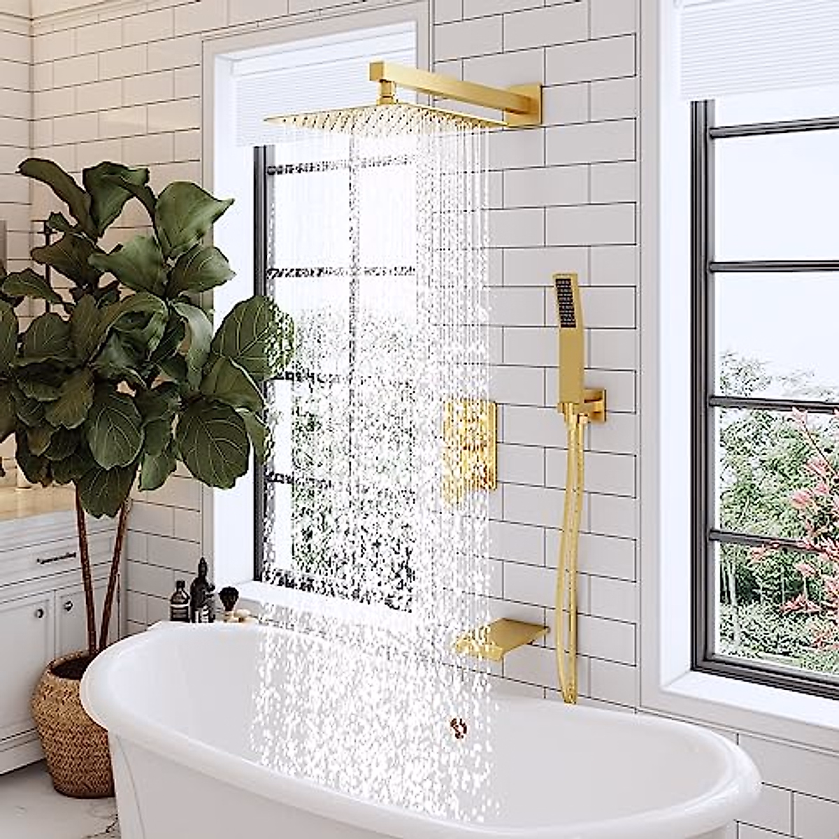HomGoo Shower System with Tub Spout, Tub Shower Faucet Set with High Pressure 10" Rain Shower head and 5-Setting Handheld Shower Head Set, Pressure Balance Valve included, Brushed Gold