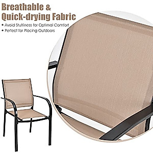 Giantex Set of 4 Outdoor Patio Chairs, Stackable Lawn Chairs with Armrests and Breathable Fabric, 4 Pack Bistro Chairs for Porch Garden Backyard Poolside, Brown & Black