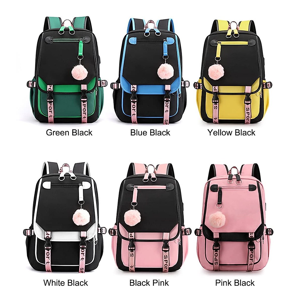 JiaYou Teenage Girls' Backpack Middle School Students Bookbag Outdoor Daypack with USB Charge Port (21 Liters, Black Pink)