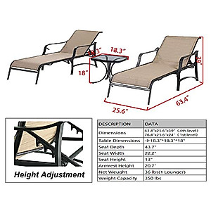 PatioFestival 3 Pieces Patio Chaise Lounge Chairs Set Adjustable Back All Weather with Bistro Table(Beige)