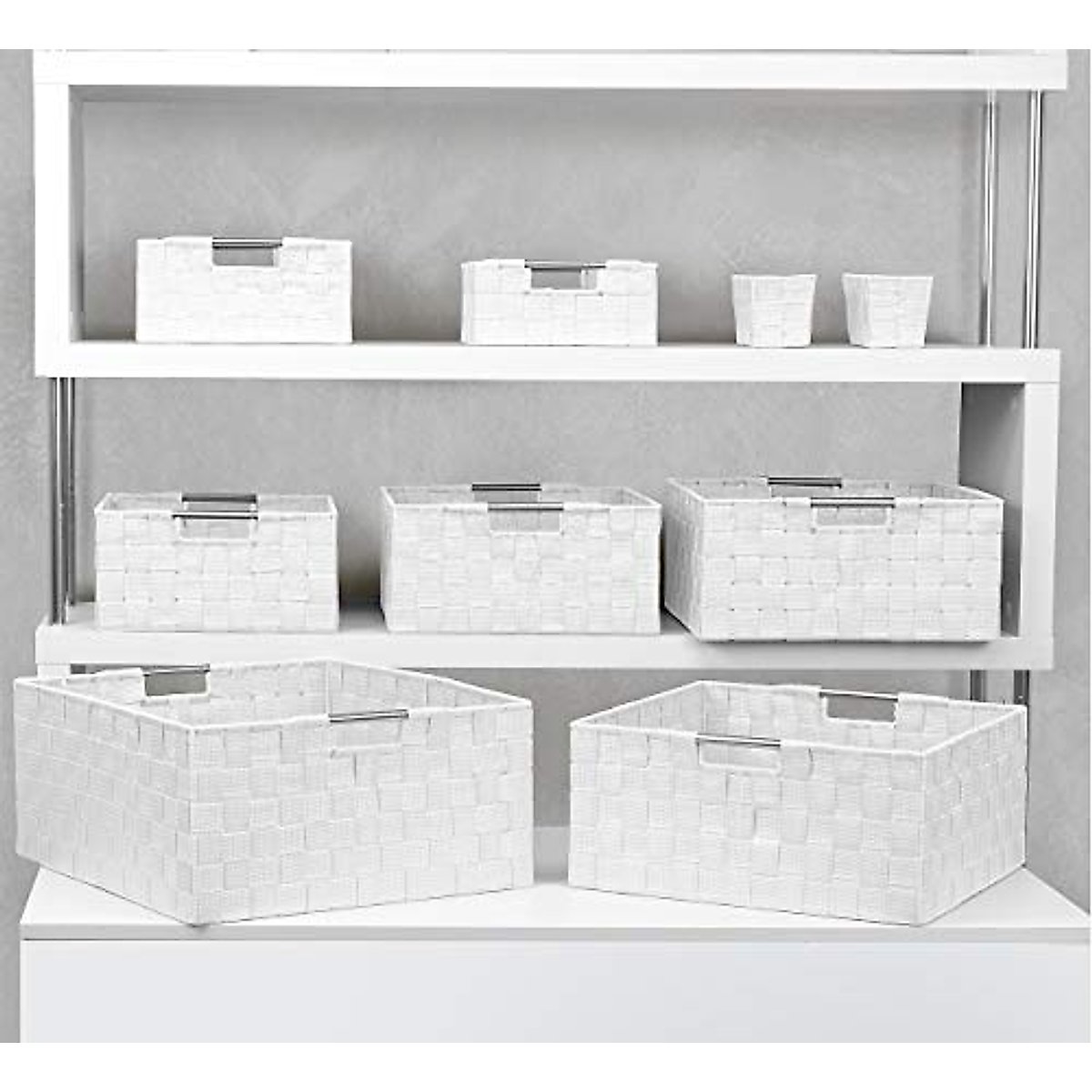 Sorbus Storage Box Woven Basket Bin Container Tote Cube Organizer Set Stackable Storage Basket Woven Strap Shelf Organizer Built-In Carry Handles (White)