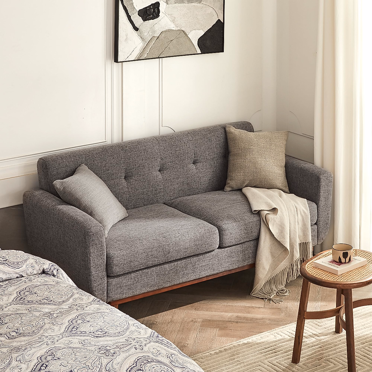 Kingfun 65.2" W Loveseat Sofa, Mid Century Modern Decor Love Seat Couches for Living Room, Button Tufted Upholstered Furniture, Solid & Easy to Install Small Couch for Bedroom Office Apartment, Grey