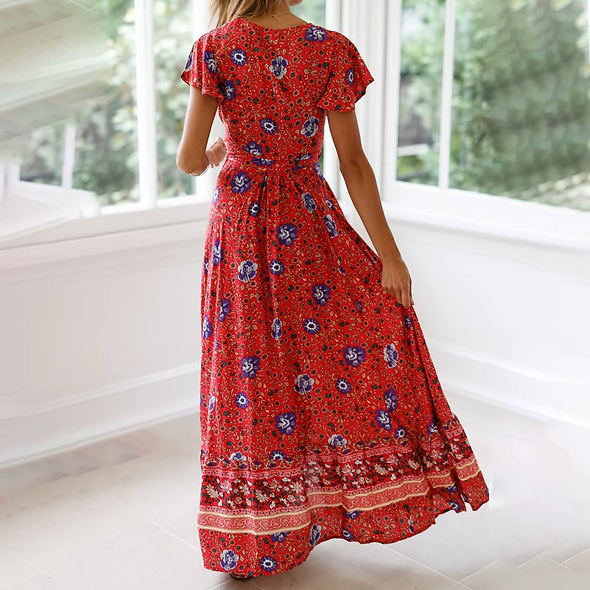 Casual Dresses for Women Midi Length Ladies Summer Casual V Neck Floral Print High Waist Belt Short Sleeve Hem Slit Wrap